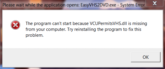 KB Corel: Roxio Easy VHS to DVD Plus: Error "the program can't start because VCUPermitsVHS.dll ...
